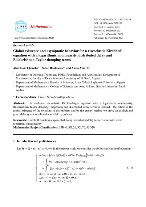 Pdf Global Existence And Asymptotic Behavior For A Viscoelastic Kirchhoff Equation With A