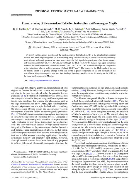 Pdf Pressure Tuning Of The Anomalous Hall Effect In The Chiral