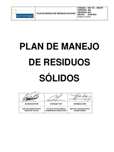 8 Plan De Manejo De Residuos Solidos Sst Pl 002 Pv Pdf Residuos