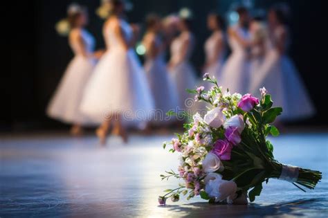 Bouquet On Stage With Blurred Ballet Dancers Stock Image Image Of