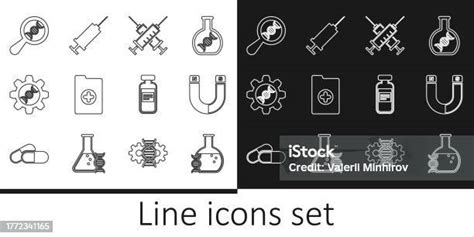 세트 라인 Dna 연구 검색 자석 교차 주사기 임상 기록 유전 공학 의료 바이알 앰플 및 주사기 아이콘 벡터 공학에 대한 스톡 벡터 아트 및 기타 이미지 Istock