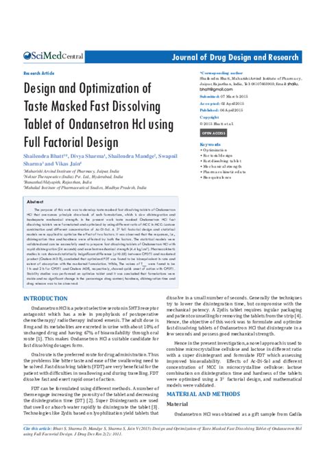 Pdf Design And Optimization Of Taste Masked Fast Dissolving Tablet Of Ondansetron Hcl Using