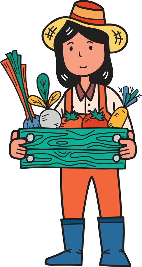 Hand Drawn Female Farmer Holding A Basket Of Vegetables Illustration