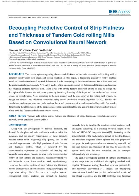 Pdf Decoupling Predictive Control Of Strip Flatness And Thickness Of Tandem Cold Rolling Mills