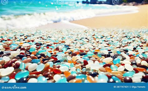 Horizontal Illustration With Colorful Glass Pebbles And The Ocean Beach