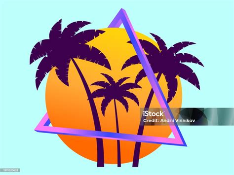 일몰에 80 년대 야자수 여름 시간 복고풍미래의 태양 신디웨이브와 레트로웨이브 스타일 광고 브로셔 배너 및 포스터 디자인 벡터