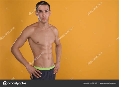 Handsome Shirtless Man Slim Body Yellow Background Space Text Stock
