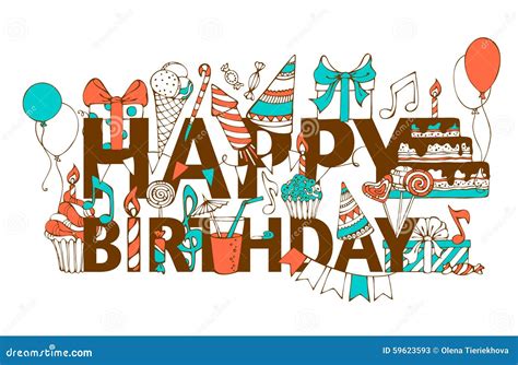 Нарисованная вручную поздравительая открытка ко дню рождения с днем рождений Иллюстрация вектора