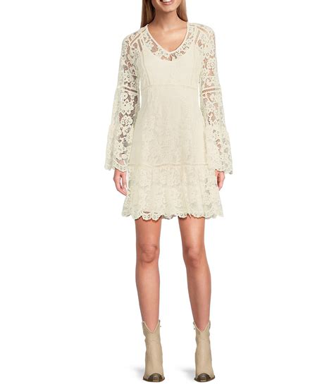 Scully Lace V Neck Long Bell Sleeve Scalloped Hem A Line Dress Dillards