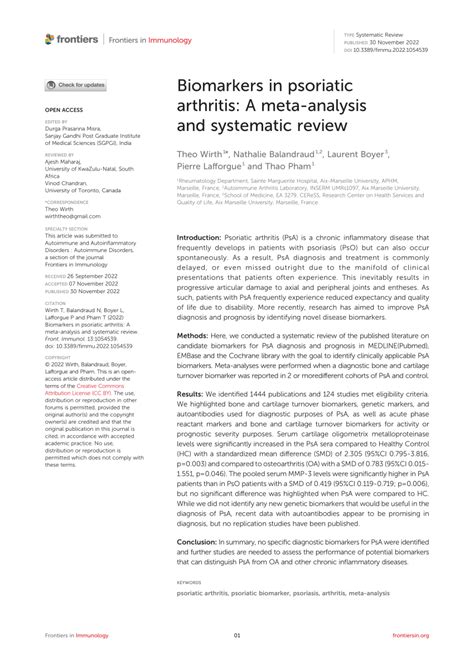 Pdf Biomarkers In Psoriatic Arthritis A Meta Analysis And Systematic