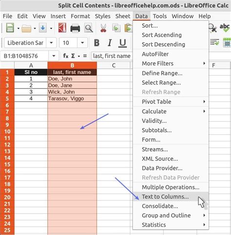 split cell content into multiple columns in libreoffice calc