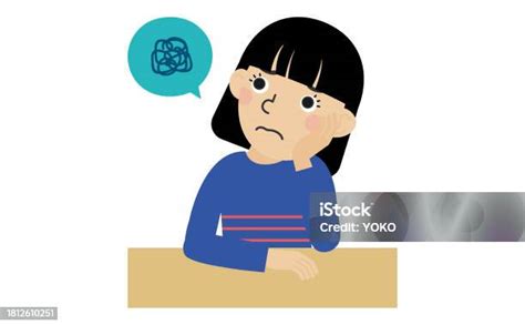 긴팔 옷을 입은 흑발의 일본인 여성이 책상 앞에서 곤란하다 감정 시리즈에 대한 스톡 벡터 아트 및 기타 이미지 감정 시리즈