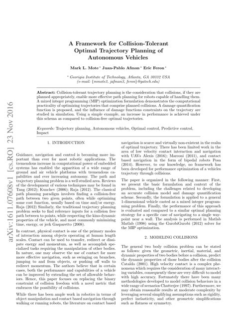 Pdf A Framework For Collision Tolerant Optimal Trajectory Planning Of Autonomous Vehicles