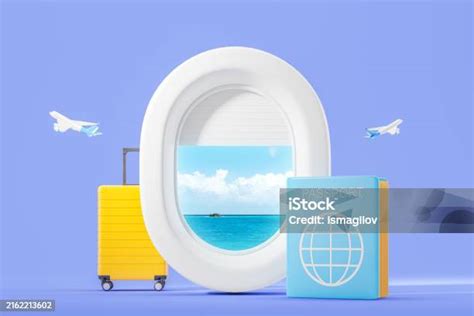 비행기 창 여권 그리고 푸른 배경에 대한 여행 가방 여행 개념 3d 렌더링 3차원 형태에 대한 스톡 사진 및 기타 이미지 3차원 형태 개념 검사 보기 Istock