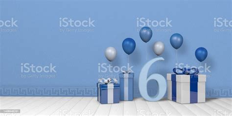 파스텔 파란색 벽 배경이있는 흰색 나무 바닥에 풍선으로 장식 된 파란색과 흰색 선물 상자 중 밝은 파란색 번호 6 3d 일러스트 레이 션 3차원 형태에 대한 스톡 사진 및
