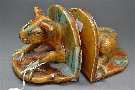 Home Made Australian Pottery Of A Bunyip Bookends Autumn Tones