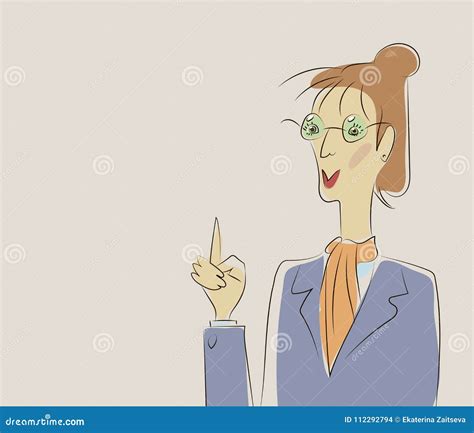 Woman Teacher In Strict Suit And Glasses Raised Her Finger Calls For