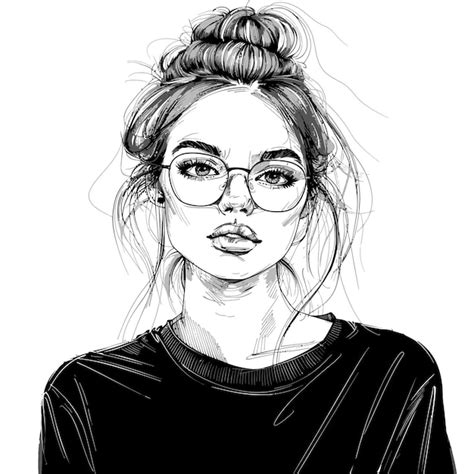 Un dibujo de una mujer con gafas y una camisa que dice está usando