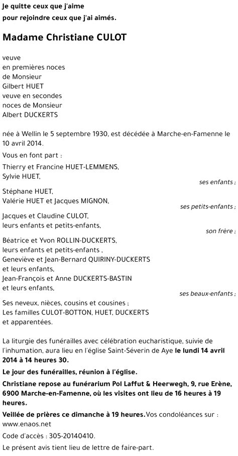 Avis De Décès De Christiane Culot Décédé Le 10 04 2014 à Marche En