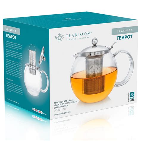 Teabloom Classica Everyday Teapot Stovetop Safe Glass Teapot 40 Oz