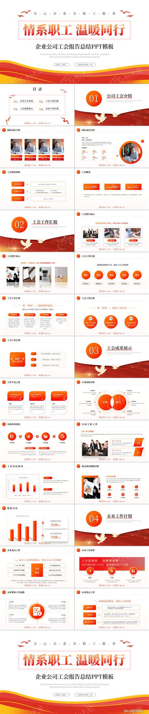 红色简约公司工会报告工作总结ppt模板下载 红动中国