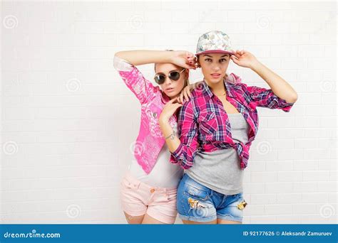 Two Friends Posing Modern Lifestyle Two Stylish Hipster Girls Best