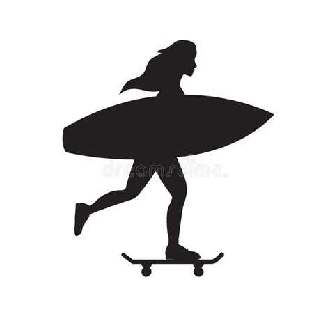Vectorzwart Silhouet Van Meisje Met Surfplank Stock Illustratie