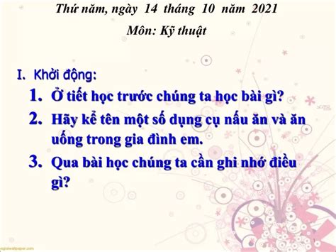PPT Bài giảng Kỹ thuật Lớp 5 Bài 4 Chuẩn bị nấu ăn PowerPoint