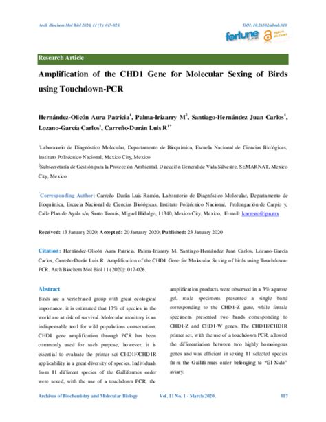 Pdf Amplification Of The Chd1 Gene For Molecular Sexing Of Birds