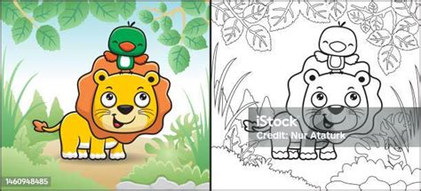 색칠하기 책 또는 정글에서 사자 머리에 앉아 있는 만화 작은 새의 페이지 색칠하기에 대한 스톡 벡터 아트 및 기타 이미지 색칠하기 우림 귀여운 Istock
