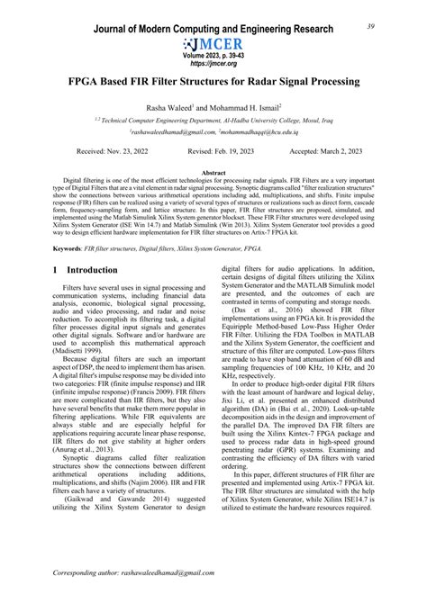 Pdf Fpga Based Fir Filter Structures For Radar Signal Processing
