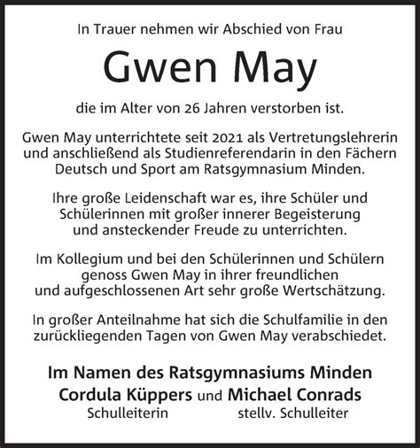Traueranzeigen Von Gwen May Trauer MT De