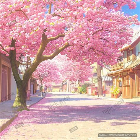 AI创作图樱花树下粉色 开满鲜花的街道 粉色城市街道 樱花小镇樱花 樱花树小路 动漫风景 古风场景春暖花开 日系风景插画 樱花一条街 唯美樱花