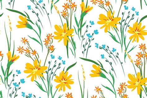 흰색 배경에 소박한 필드와 원활한 패턴 봄 손으로 그린 민들레 꽃 다양한 잎과 허브와 봄 꽃 프린트 벡터 식물 학적 그림 0명에 대한 스톡 벡터 아트 및 기타 이미지