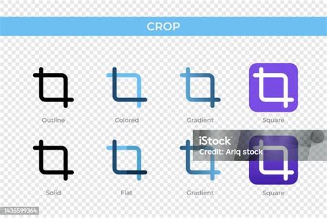 다른 스타일의 자르기 아이콘 자르기 벡터 아이콘은 윤곽선 단색 색상 그라디언트 및 플랫 스타일로 설계되었습니다 기호 아이콘 그림 벡터 일러스트 레이 션 0명에 대한 스톡