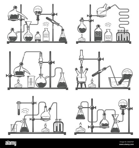 Set Of Six Vector Monochrome Laboratory Research Elements With Flasks