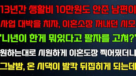 반전 신청사연 생활비 한푼도 안준 남편이 사업 잘되자 이혼장 건네던 시모 다음날 서류를 건네자 온 시댁이 나락가는데라디오