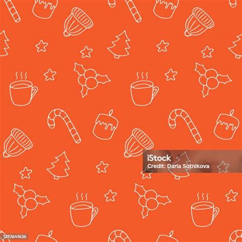 겨울 낙서 원활한 패턴 주황색의 흰색 요소 귀여운 손으로 그린 프린트 촛불 사탕 컵 모자 별 열매와 크리스마스 트리 벽지 직물 선물 랩에 적합합니다 끝없는 디자인 개념에