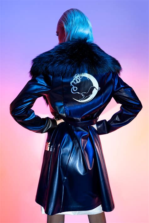 Black Faux Leather Coat With Custom Embroidery And Faux Fur Tatjana Ostojic