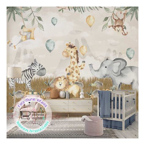 Papel De Parede Foto Mural Infantil Safari Aquarela Envio Para Todo O