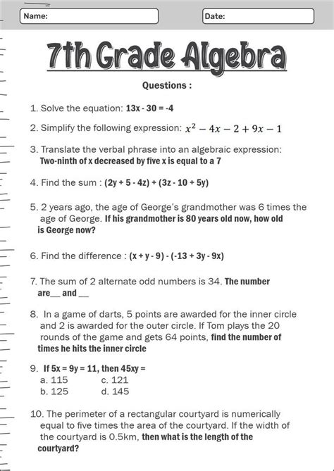 7th Grade Math Worksheets With Answer Key 7th Grade Math Worksheets