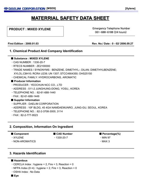 Xylene Msds Sheet Ppm