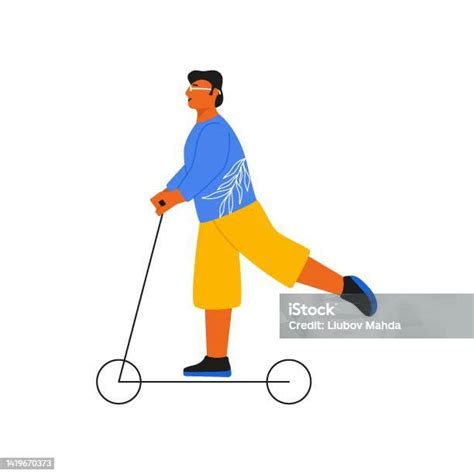 전기 킥 스쿠터를 타는 남자 추상적 인 캐릭터 운전 스쿠터 에코 도시 교통에 소년 벡터 일러스트 레이 션 교통수단에 대한 스톡 벡터 아트 및 기타 이미지 Istock
