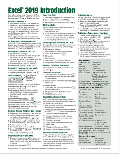 Buy Microsoft Excel 2019 Introduction Quick Reference Guide Windows Version Cheat Sheet Of