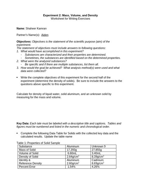 Expt 2 Density Worksheet Pdf Density Experiment