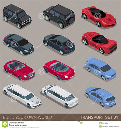 Flat 3d Isometric City Road Transport Icon Set Stock Vector