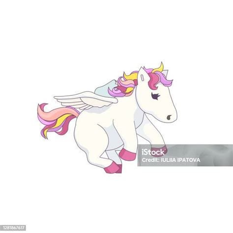 만화 디자인 스타일의 귀여운 비행 페가수스 흰색 고립 된 배경에 벡터 스톡 일러스트 마법과 신화의 개념 만화와 어린이를위한 사진