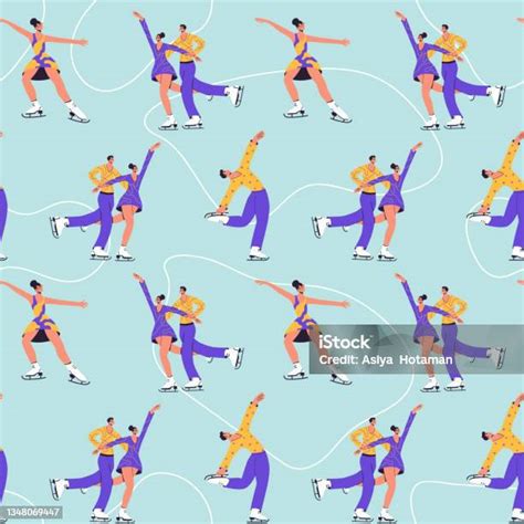 그림 스케이터 만화 플랫 벡터 일러스트와 매끄러운 패턴은 트렌디 한 색상 겨울 스포츠 아이스 댄서 체조 여자 챔피언십 경쟁 활동 현대 디자인 요소 Championship에