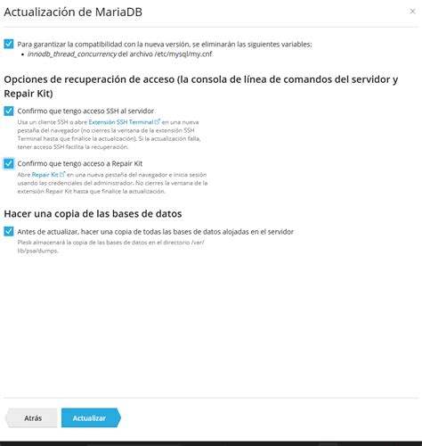 Actualizar Maria Db Desde Plesk Hosting Web Servidor Dedicado