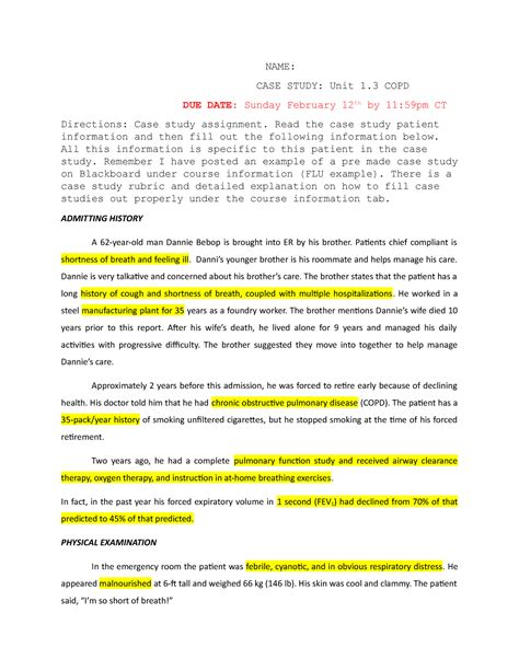 Patho Case Study Turned In NAME CASE STUDY Unit COPD DUE DATE Sunday February Th